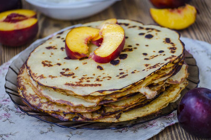 Big pancakes and fruit stock photo. Image of shot, fresh - 127600748
