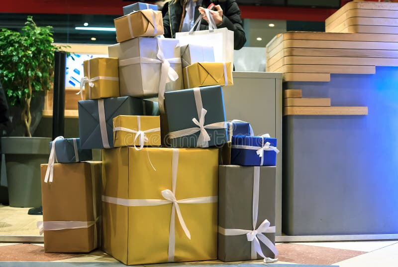 Stack of Large Gift Boxes in Wrapping Paper, Christmas Holidays Decor ...