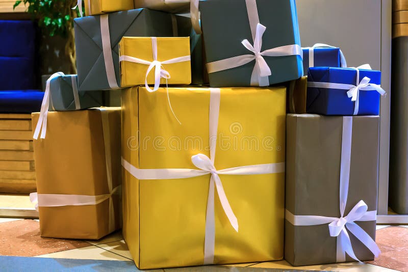 Stack of Large Gift Boxes in Wrapping Paper, Christmas Holidays Decor ...