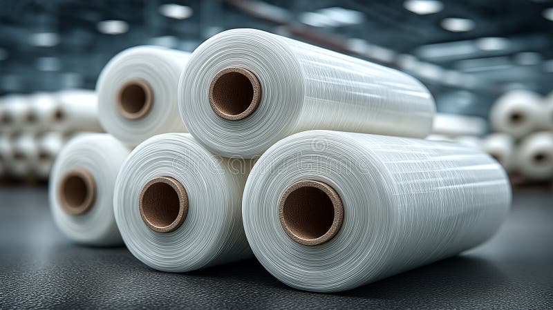 Stack of Large Plastic Wrap Rolls in Manufacturing Facility. Industrial ...
