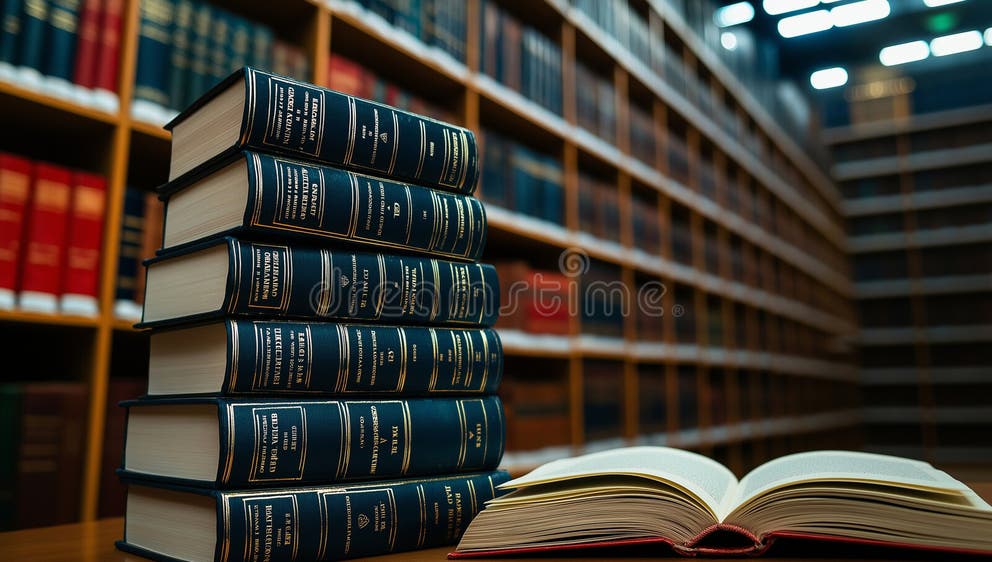 Stack of Law Books beside Open Book on Table in Library, Surrounded by ...