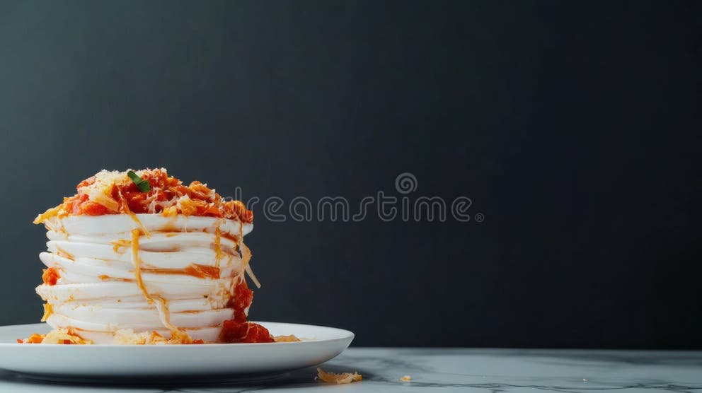 A Stack of Layered Food on a Plate with Sauce and Cheese, AI Stock ...