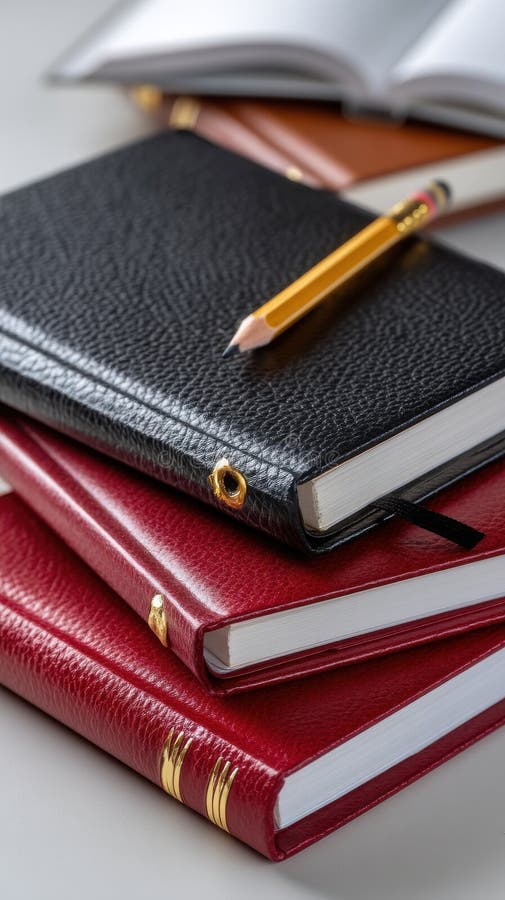 Stack of Leather-bound Journals in Red and Black with a Pencil Placed ...
