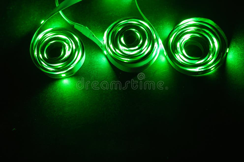 A Stack of LED Lights on Coiled Flexible Lighting Strips, Green Colors ...