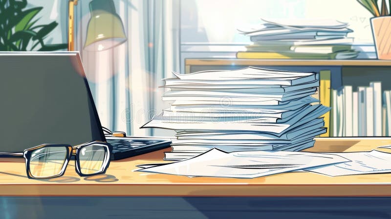 A Stack of Legal Documents on a Desk with a Laptop and a Pair of ...