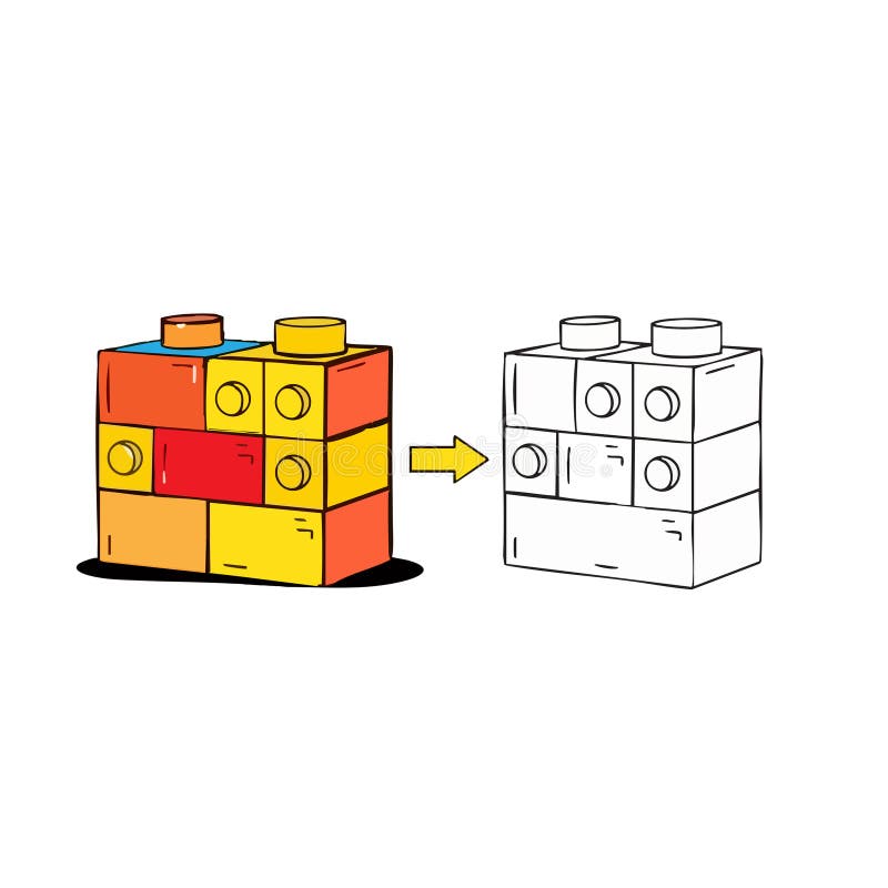 Stacked Lego Brick Blocks â€ Coloring Page with Outline and Colored ...