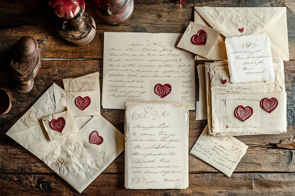 A Stack of Letters with Red Hearts on Them Stock Image - Image of ...