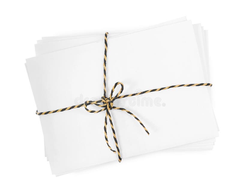 Stack of Letters Wrapped with Rope on White Background, Top View Stock ...