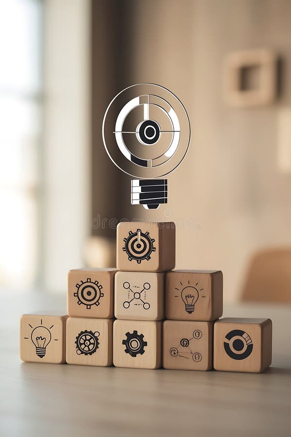 Wooden Blocks with Target and Idea Icons Illustrate Strategic Planning ...