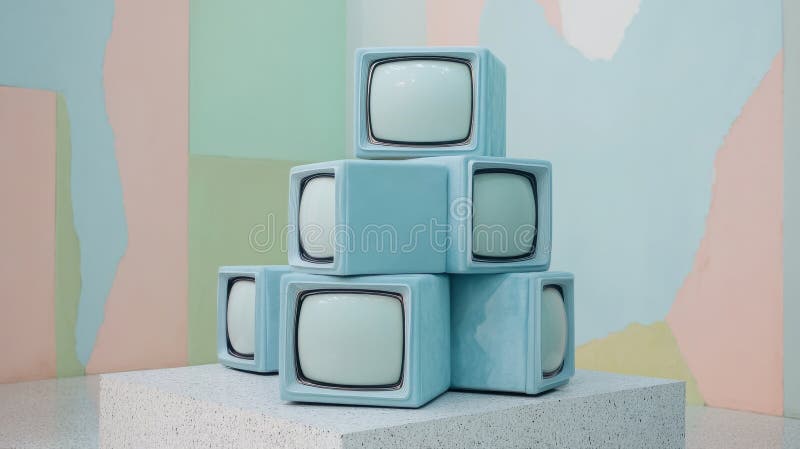 Stack of Light Blue Retro Televisions on a White Platform in Pastel ...