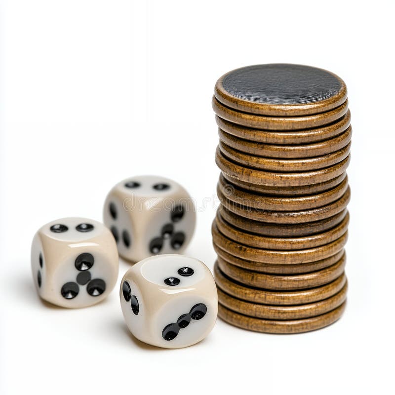Stack of Light Brown Game Tokens beside Light Beige Dice on White ...