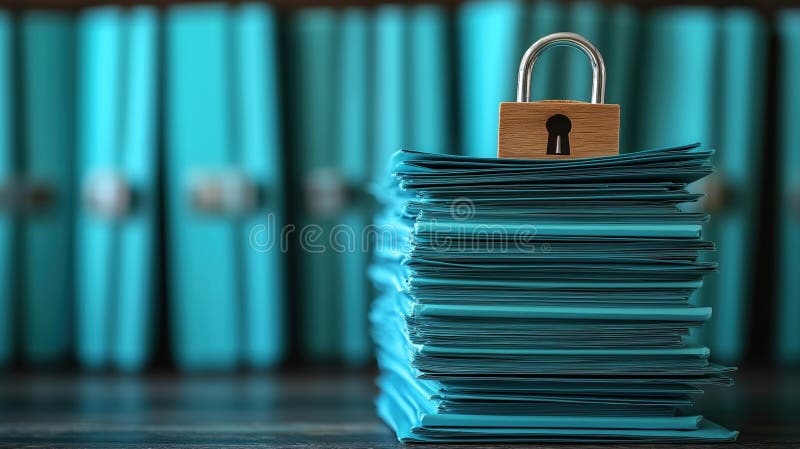 Stack of Light Teal Folders Secured with Wooden Lock Data Privacy ...