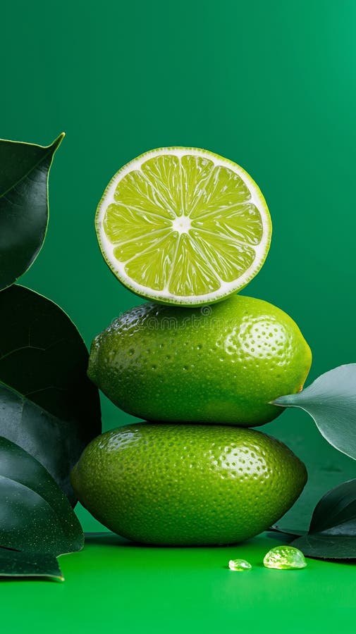 A Stack of Three Limes with a Slice of Lime on Top of Them Stock Photo ...