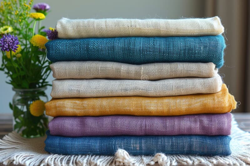 Stack of Linen Fabric in Various Colors. Close-up of Textiles with a ...