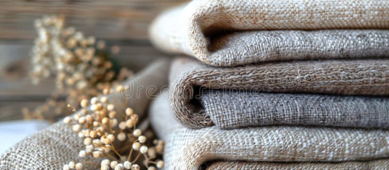Stack of Linens on Wooden Table Stock Photo - Image of household ...
