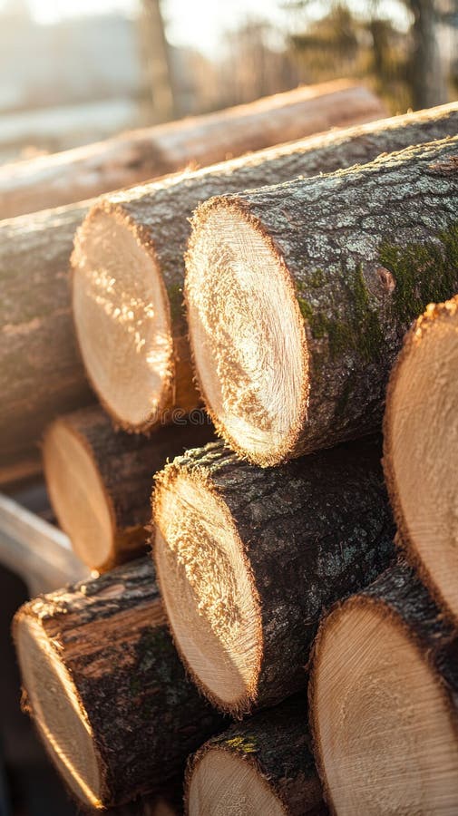 Stack of Logs Glowing in Golden Sunlight at Lumber Yard Stock Photo ...