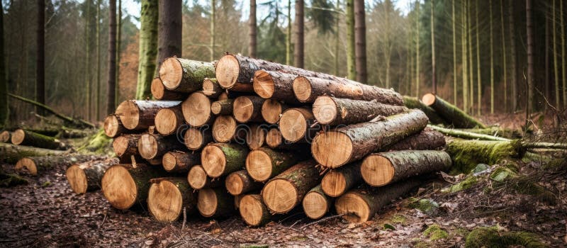 A Stack of Logs Lies in a Forest, Remnants of Logging Activity Stock ...