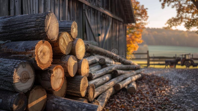 A Stack of Logs Near a Barn at Sunrise. Stock Image - Image of timber ...