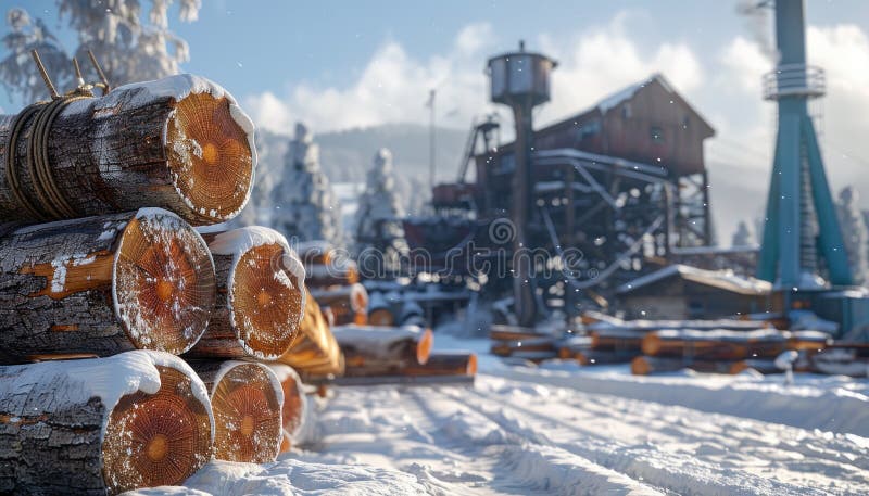 Stack of Logs with Sawmill in the Background, Winter Timber Industry ...