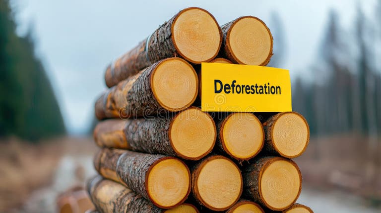 A Stack of Logs with a Sign Highlighting the Issue of Deforestation ...