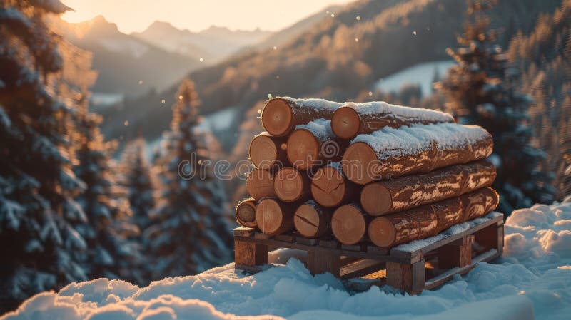 A Stack of Logs in Snowy Landscape at Sunrise Stock Image - Image of ...