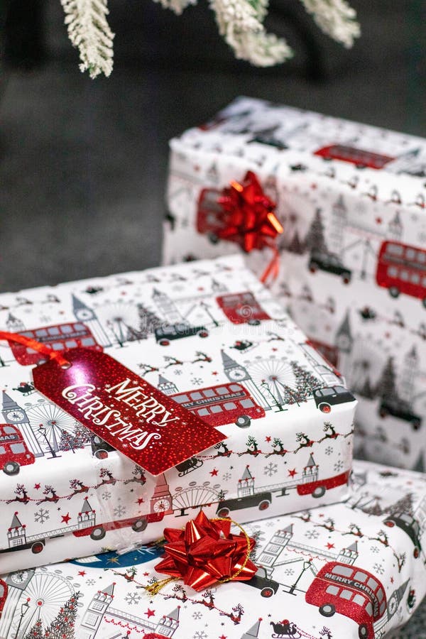 Stack of London-Themed Christmas Gift Boxes Stock Image - Image of ...