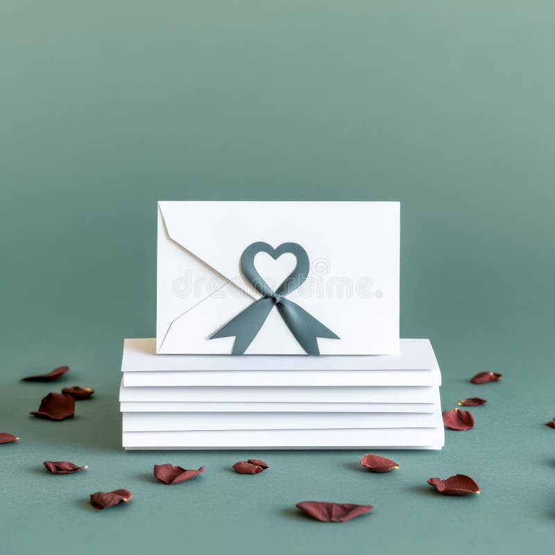 Stack of Love Letters with Heart Shaped Ribbon on Green Background ...