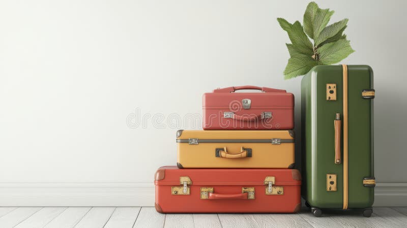 A Stack of Luggage Sitting Next To a Plant Stock Illustration ...