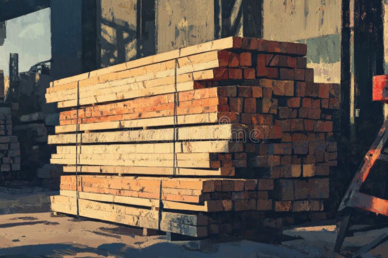 Stack of Lumber Drying in Sunlight at Lumber Yard Stock Illustration ...
