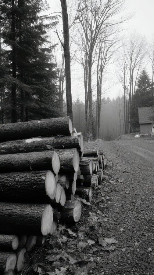 Stack of Lumber Logs Forest Roadside Black and White Trees Fog Rural ...