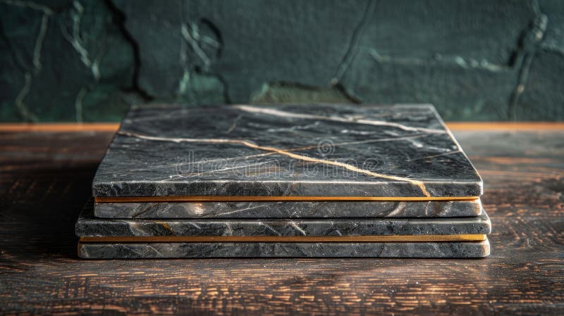 Stack of Luxurious Black Marble Slabs on a Wooden Table Stock Image ...