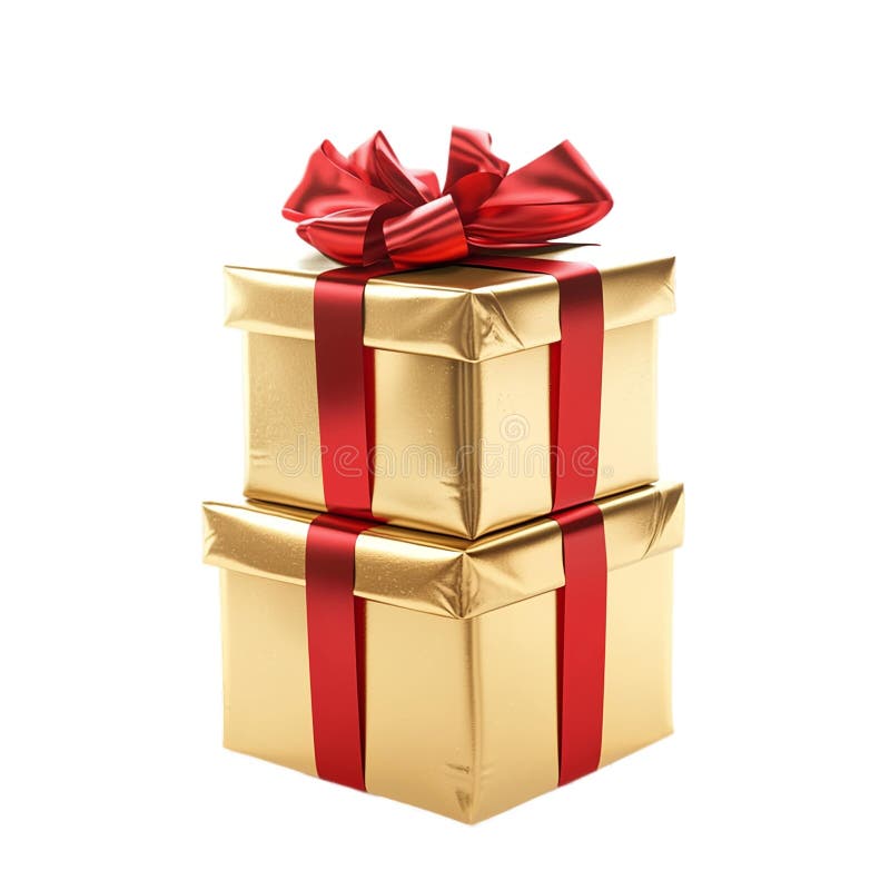 A Stack of Two Luxurious Gold Gift Present Boxes Wrapped with Red Satin ...