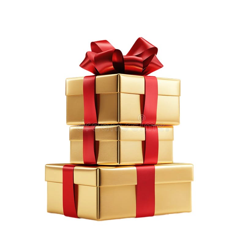 A Stack of Luxurious Gold Gift Present Boxes Wrapped with a Red Satin ...