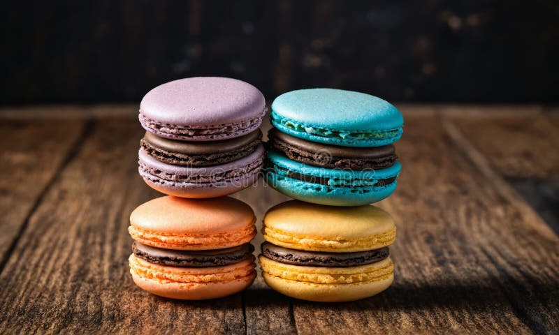 Stack of Macarons with Chocolate Filling on Wooden Table Stock ...