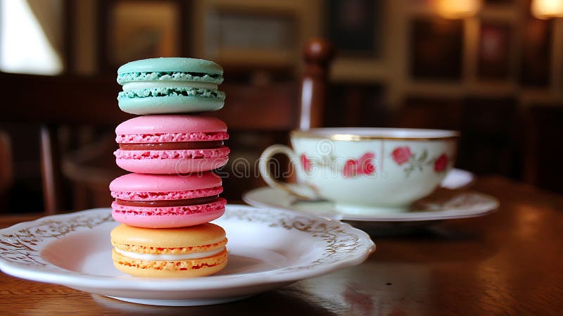 A Stack of Macarons and a Cup of Tea Sit on a Table Stock Photo - Image ...