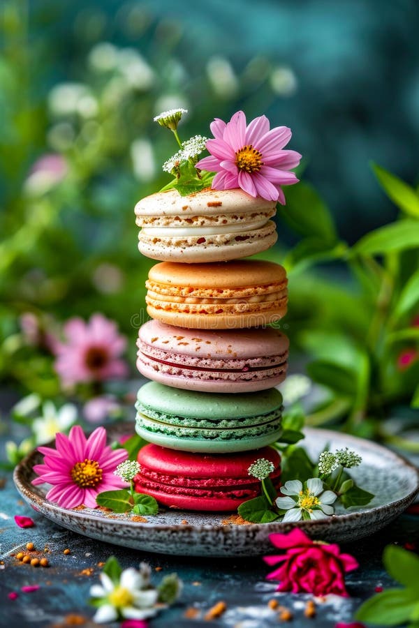 Stack of Macarons with Flowers on Each Side. Generative AI Stock Photo ...