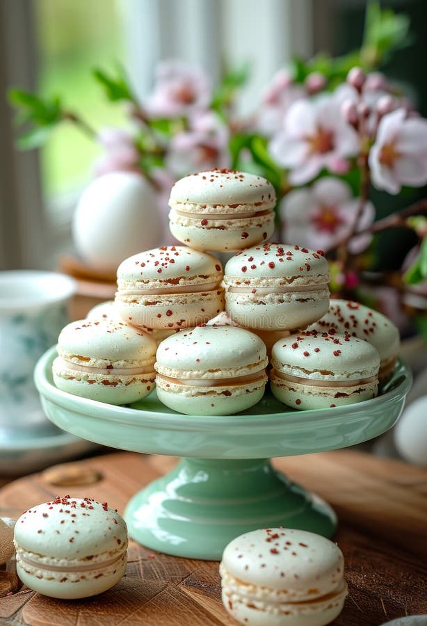 A Stack of Macarons on a Green Plate with a Floral Arrangement in the ...
