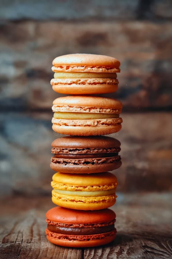 A Stack of Macarons Sitting on Top of Each Other on a Wooden Table ...