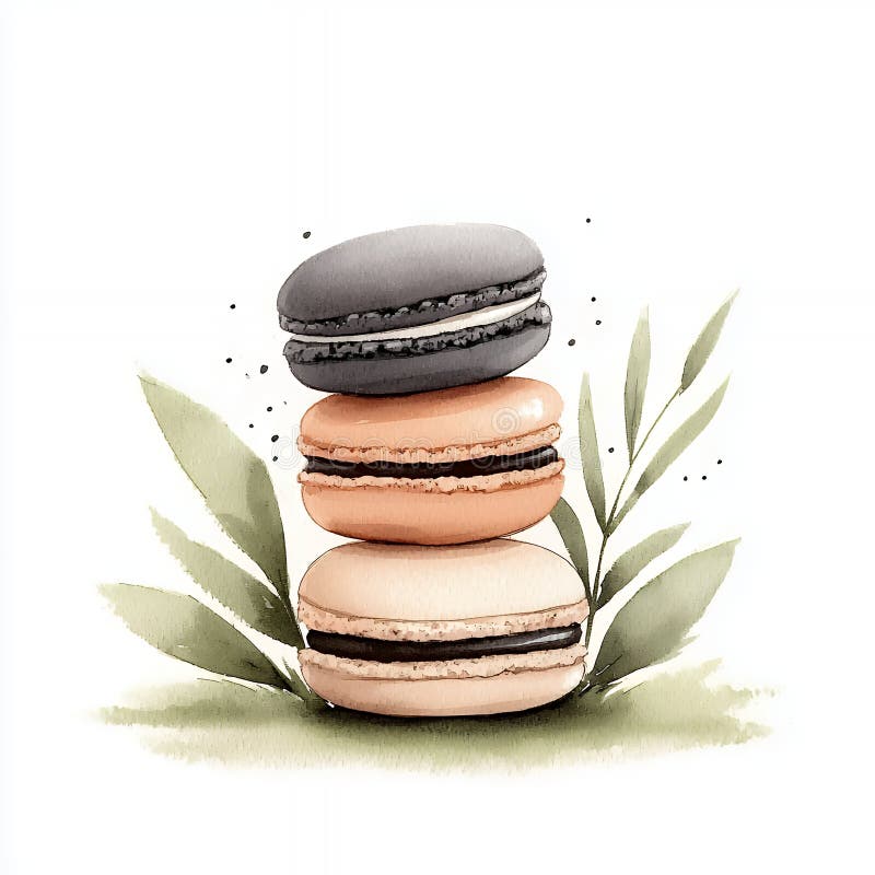 Stack of Macarons with Watercolor Leaves Stock Illustration ...