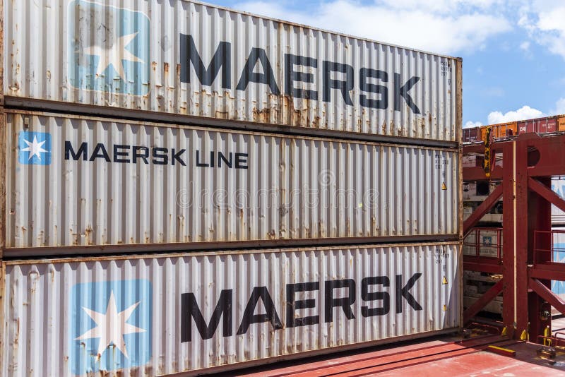 Stack Maersk Owned Containers Loaded Deck Cargo Container Ship Stock ...
