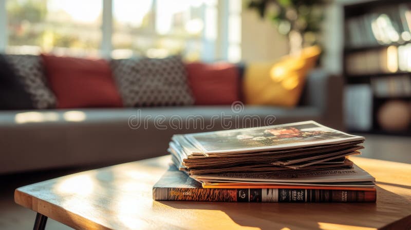 Stack of Magazines Rests on a Wooden Coffee Table in Sunlight Stock Illustration - Illustration ...