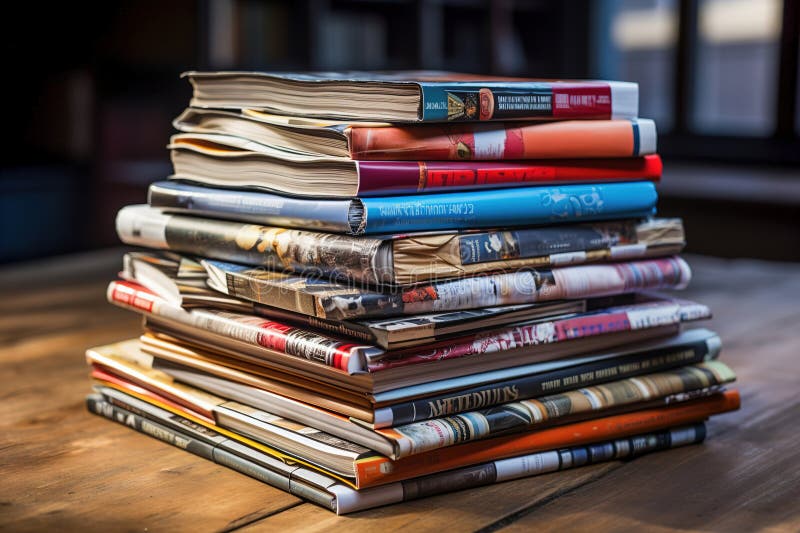 A Stack of Magazines Sitting on Top of a Wooden Table Stock Image ...