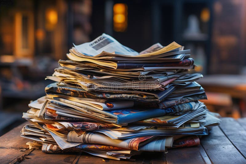 A Stack of Magazines Sitting on Top of a Wooden Table Stock ...