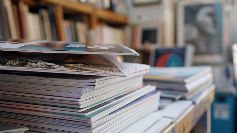 A Stack of Magazines on a Wooden Bookcase Shelf Stock Image - Image of ...