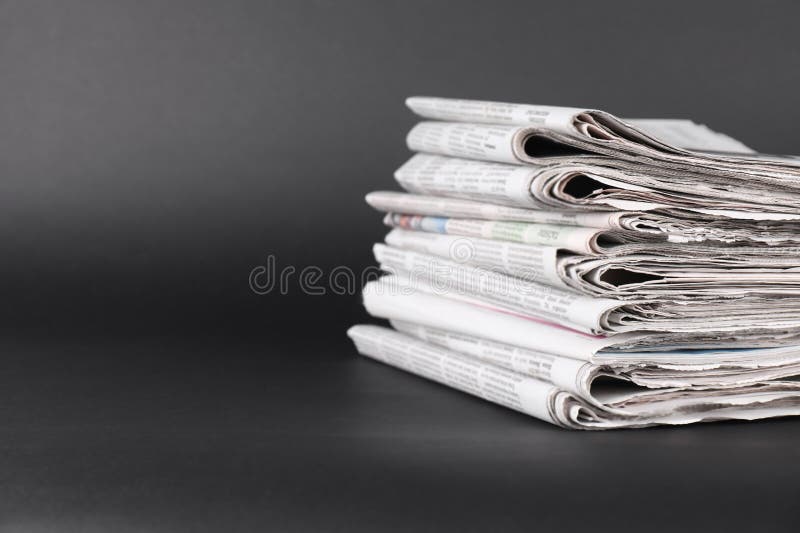Stack of Many Newspapers on Grey Background, Space for Text Stock Image ...