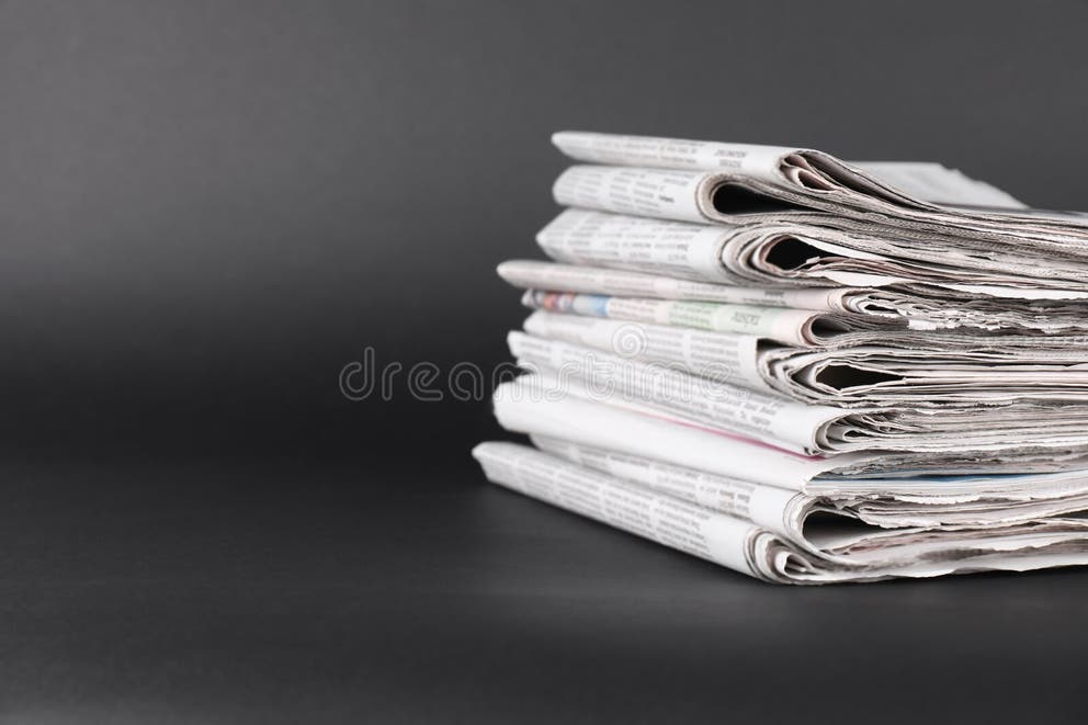 Stack of Many Newspapers on Grey Background, Space for Text Stock Image ...