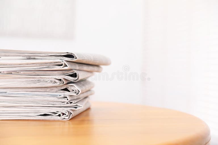 Stack of Many Newspapers on Wooden Table, Space for Text Stock Photo ...