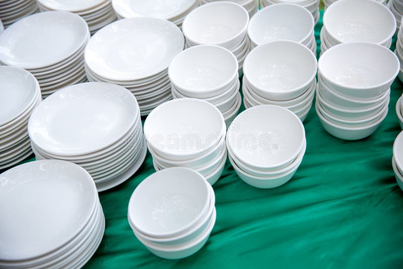 Stack of Many White Plates on the Table To Prepare for Catering Buffet ...