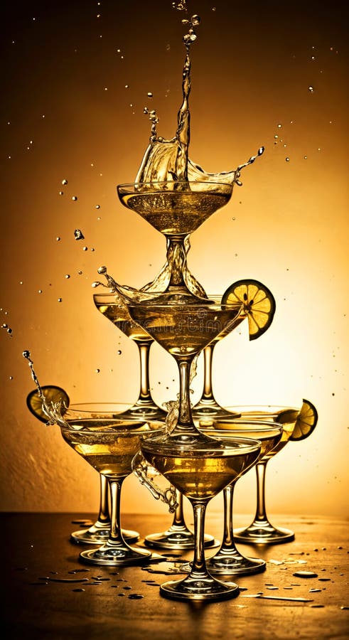A Stack of Martini Glasses with a Splash of Liquid on Top.Champagne ...