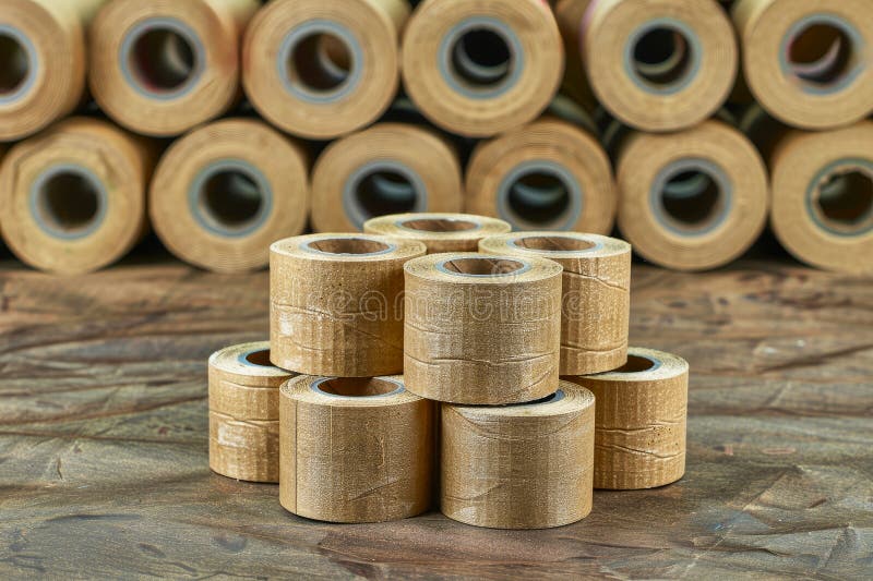 Stack of Masking Tape Rolls Arranging on Table , Focus in the Front and ...